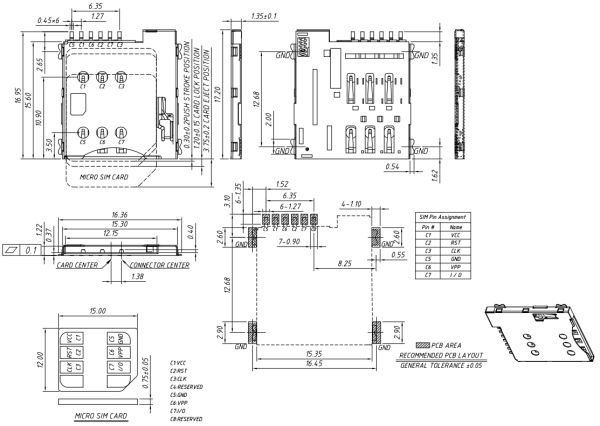 Micro SIM Card Connector PUSH&PUSH 6Pin H1.35mm With CD and Post